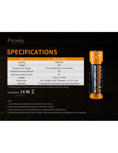 BATTERIA 21700 LI-ON 5000 mAh ricaricabile con USB - FENIX