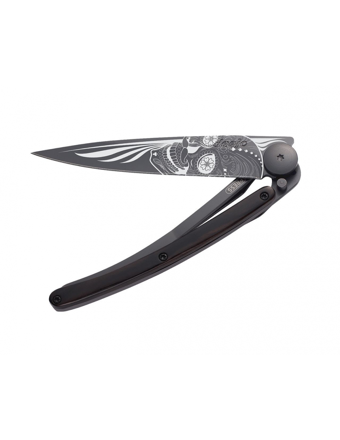 DEEJO - COLTELLO PIEGHEVOLE BLACK 37gr GRANADILLA WOOD - LATIN SKULL